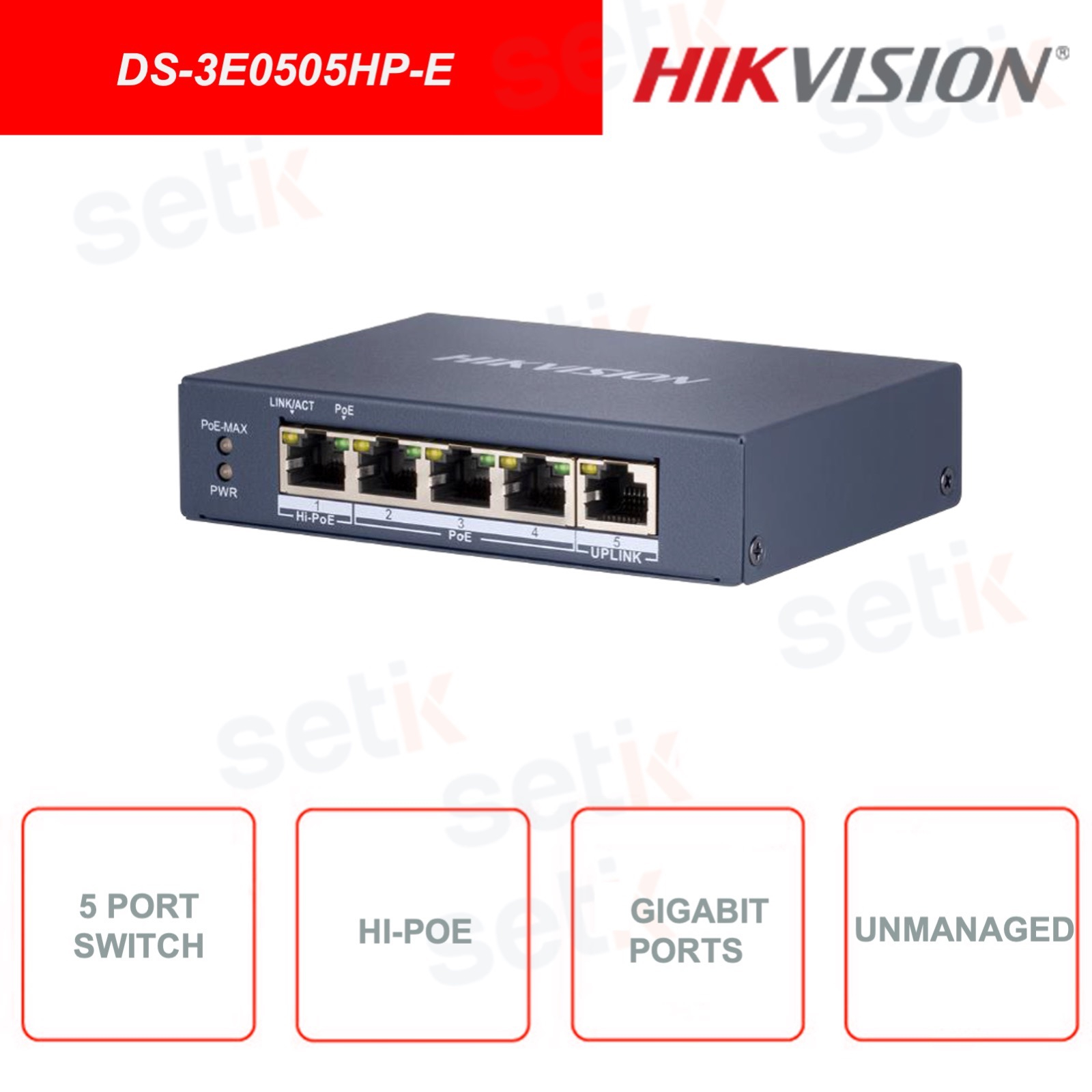 DS-3E0505HP-E - Conmutador de red inmanejable - 5 puertos Gigabit - 1 puerto Hi-PoE - Protección ...