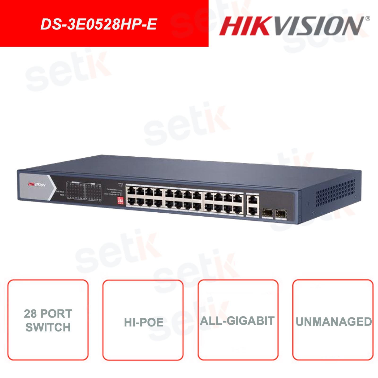 DS-3E0528HP-E - Network Switch 28 Gigabit Ports - 20 Hikvision PoE Ports - 4 Hi-PoE Ports - 2 ...