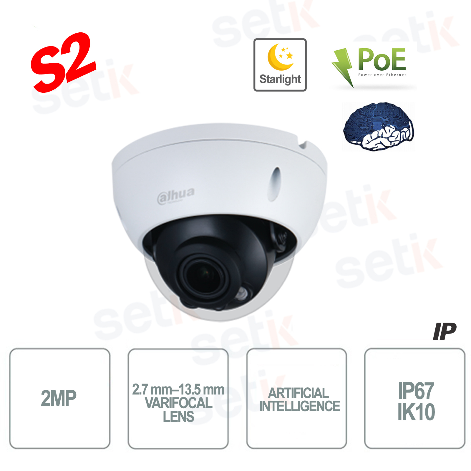 IPC-HDBW3241R-ZS-S2 - Dome IP 2MP Dahua Ottica Varifocale Onvif PoE Intelligenza Artificiale ...