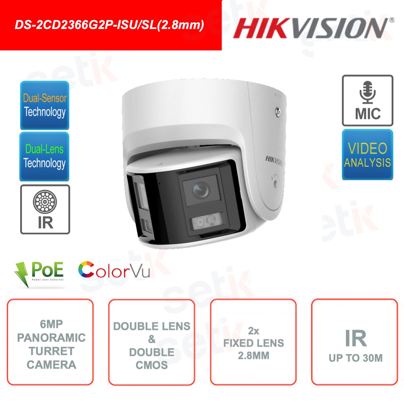 DS-2CD2366G2P-ISU/SL(2.8mm) - 6MP Outdoor PoE IP Camera Panoramic Turret - Double CMOS - Double ...