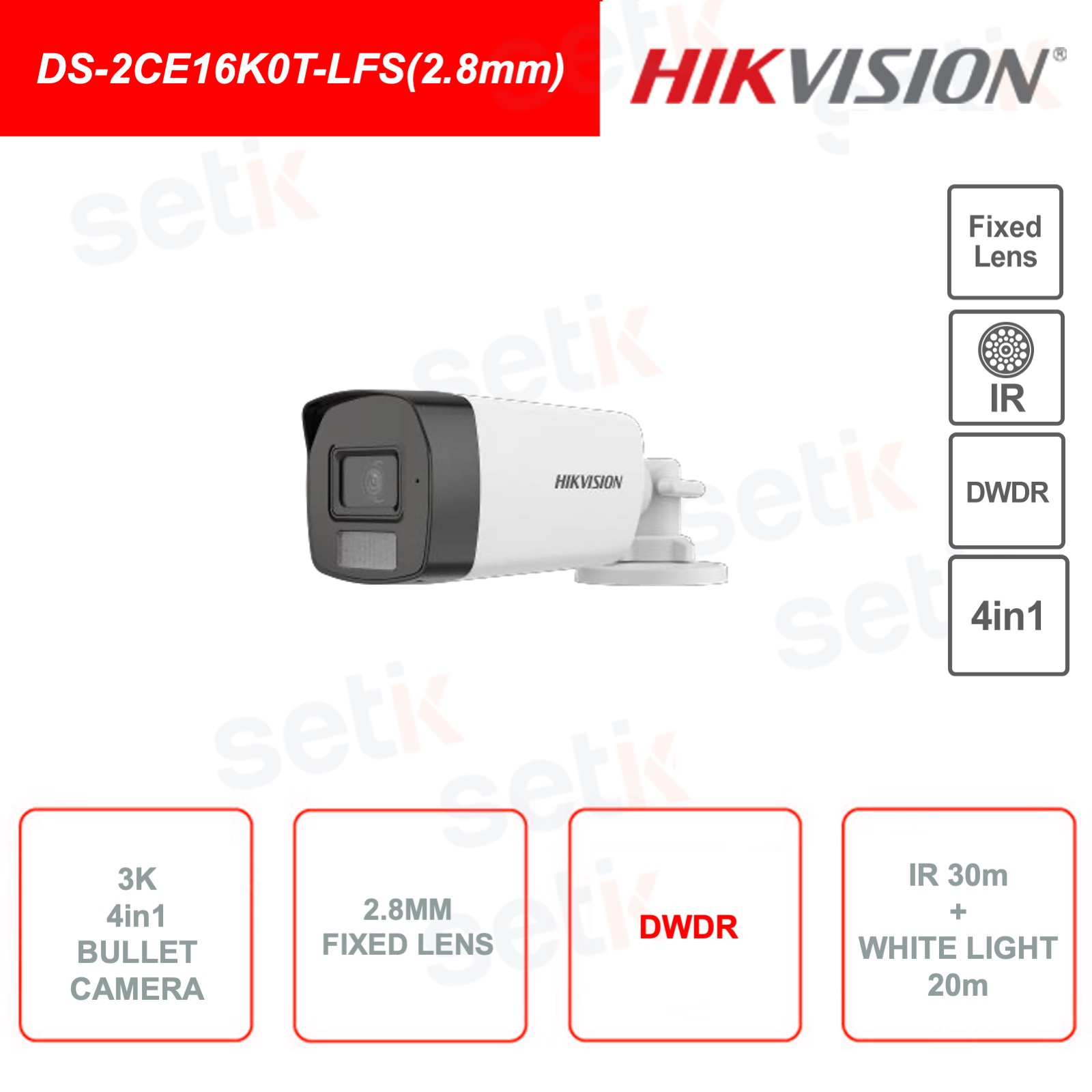 DS-2CE16K0T-LFS(2.8mm) - Hikvision 3K Fixed Mini Bullet Camera - 2.8mm lens - 30m IR - 20m white ...
