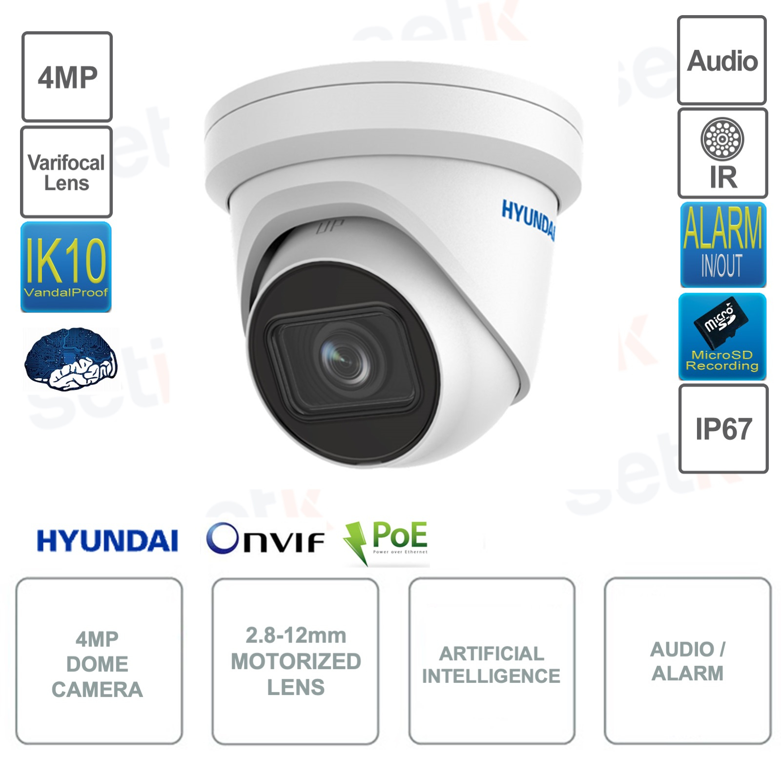 HYU-965 - IP POE ONVIF dome camera - 4MP - 2.8-12mm - Artificial intelligence - IR 40m - Setik.biz