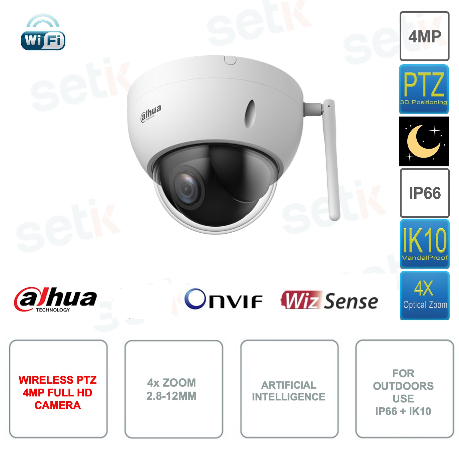 SD22404DB-GNY-W - Telecamera PTZ 4MP IP POE ONVIF 4MP - WIFI - Zoom 4x 2.8-12mm - Intelligenza ...