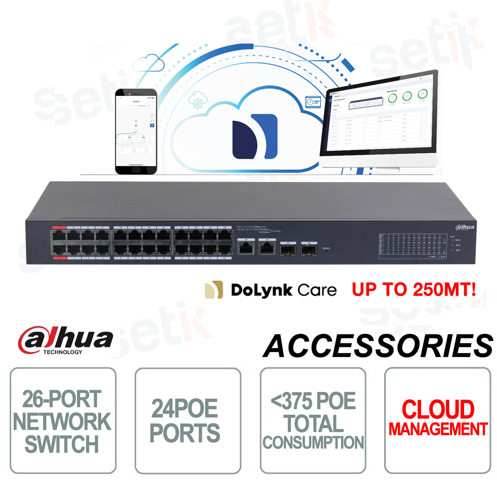 CS4226-24ET-375 - Network Switch 24 PoE Ports + 2x RJ45 SFP 1000 Cloud Managed Dahua - Setik.biz