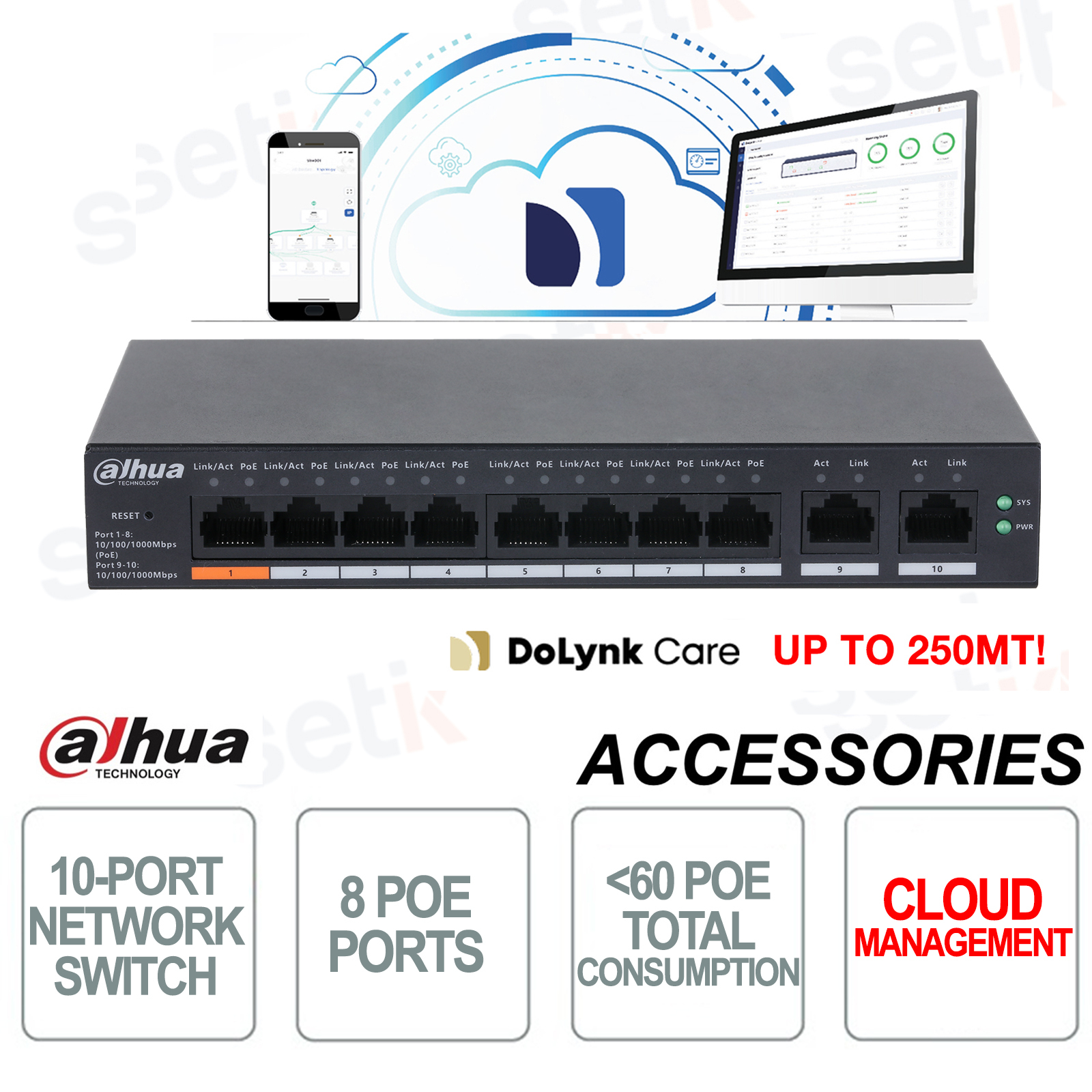 CS4010-8GT-60 - Network switch 8 PoE ports + 2x RJ45 Cloud Managed ...