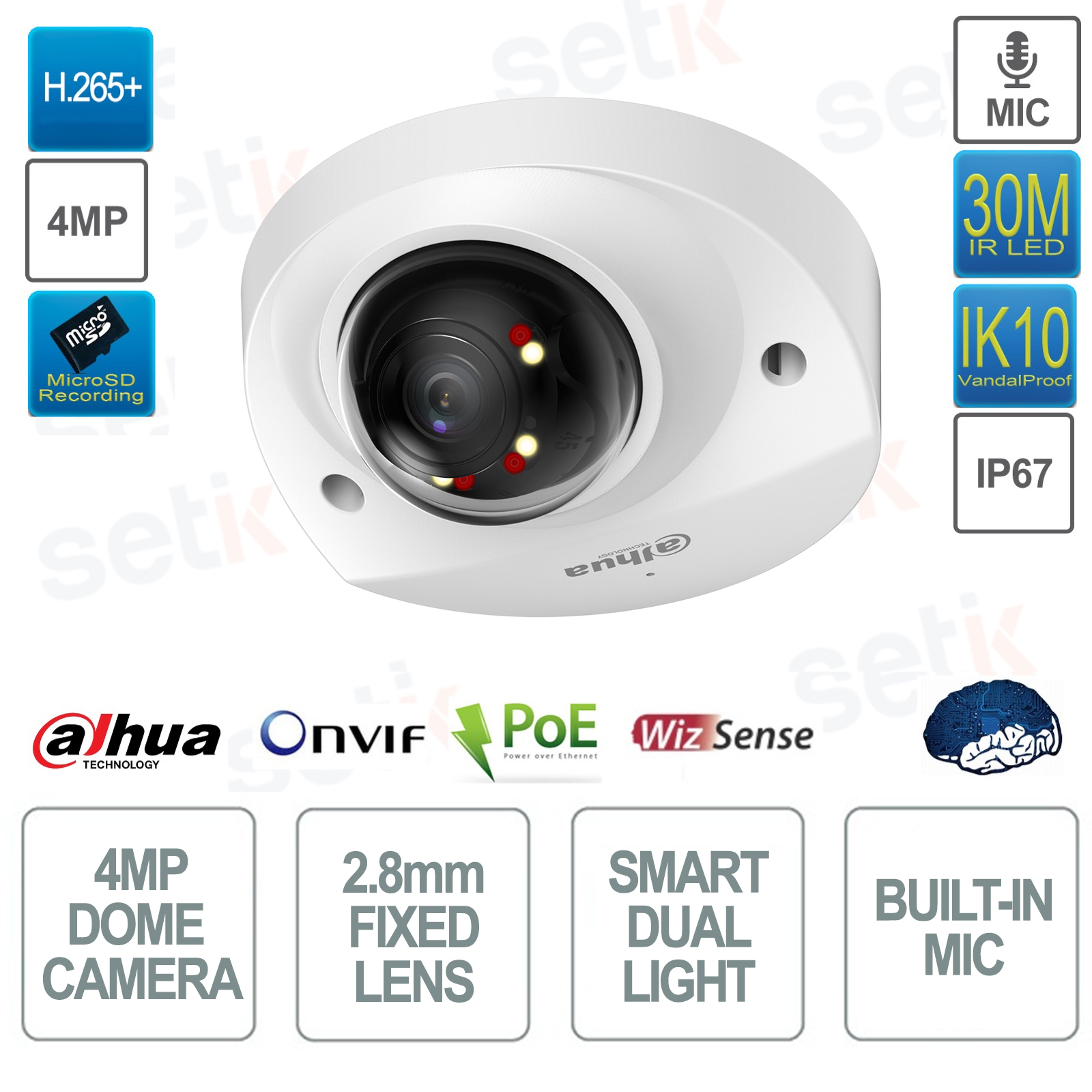 IPC-HDBW2449F-AS-IL - Telecamera 4MP IP POE ONVIF - Ottica 2.8mm - Intelligenza artificiale ...